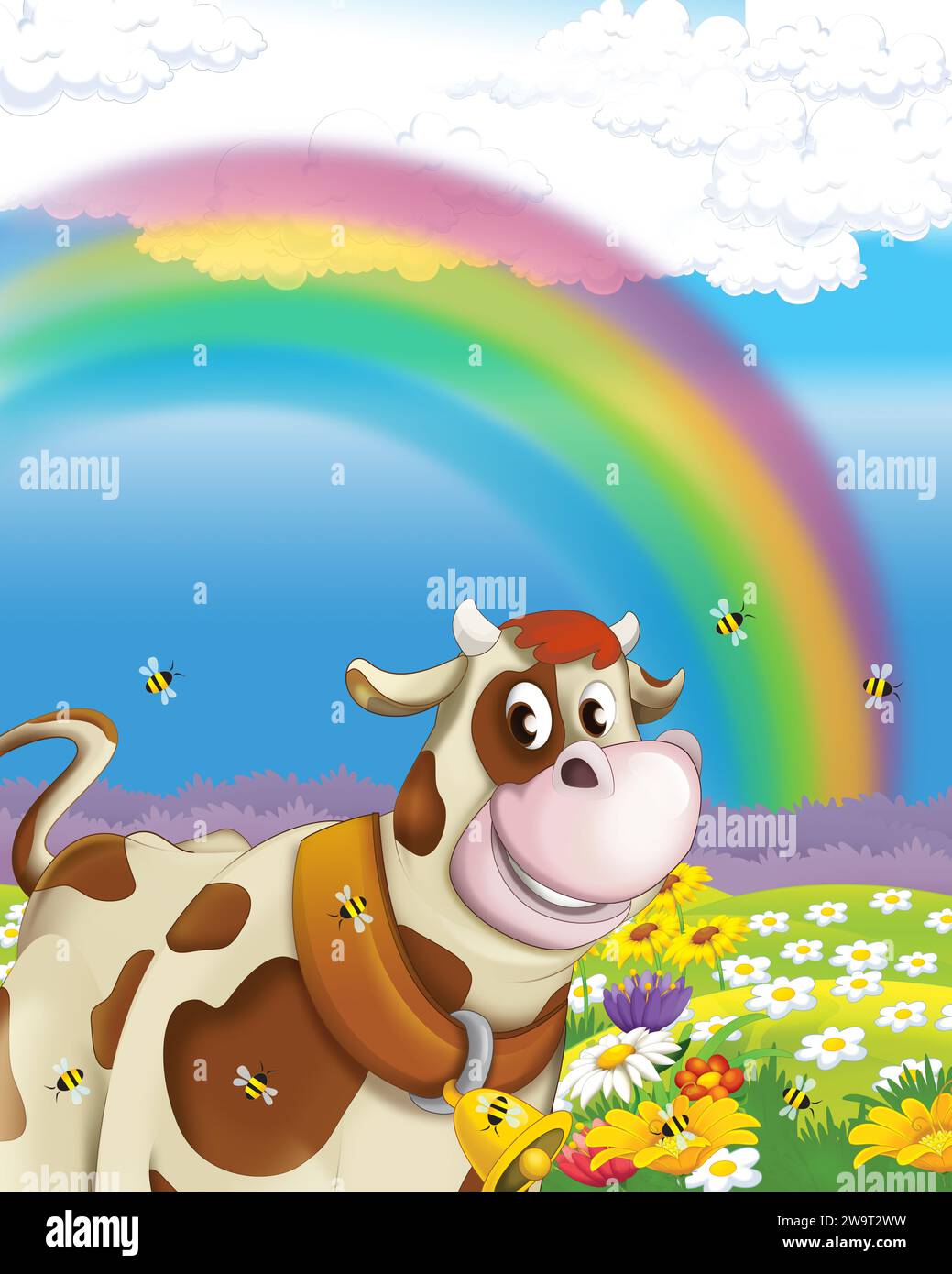cartoon scene with cow having fun on the farm on white background ...