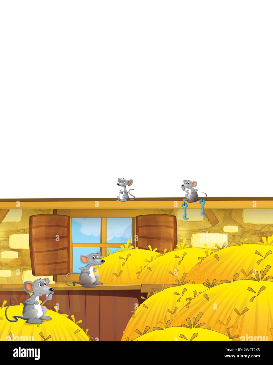 cartoon scene with mouse having fun on the farm on white background ...