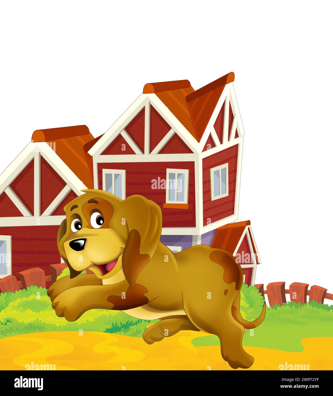 cartoon scene with dog on a farm having fun on white background ...