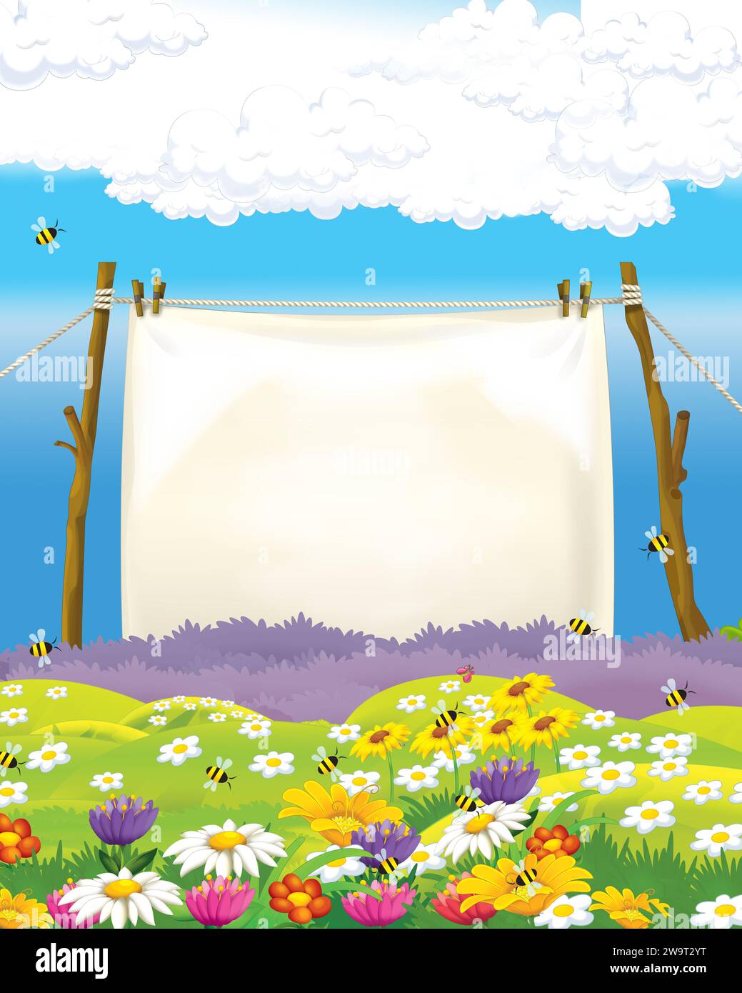 cartoon scene with funny looking farm ranch meadow on the hill ...