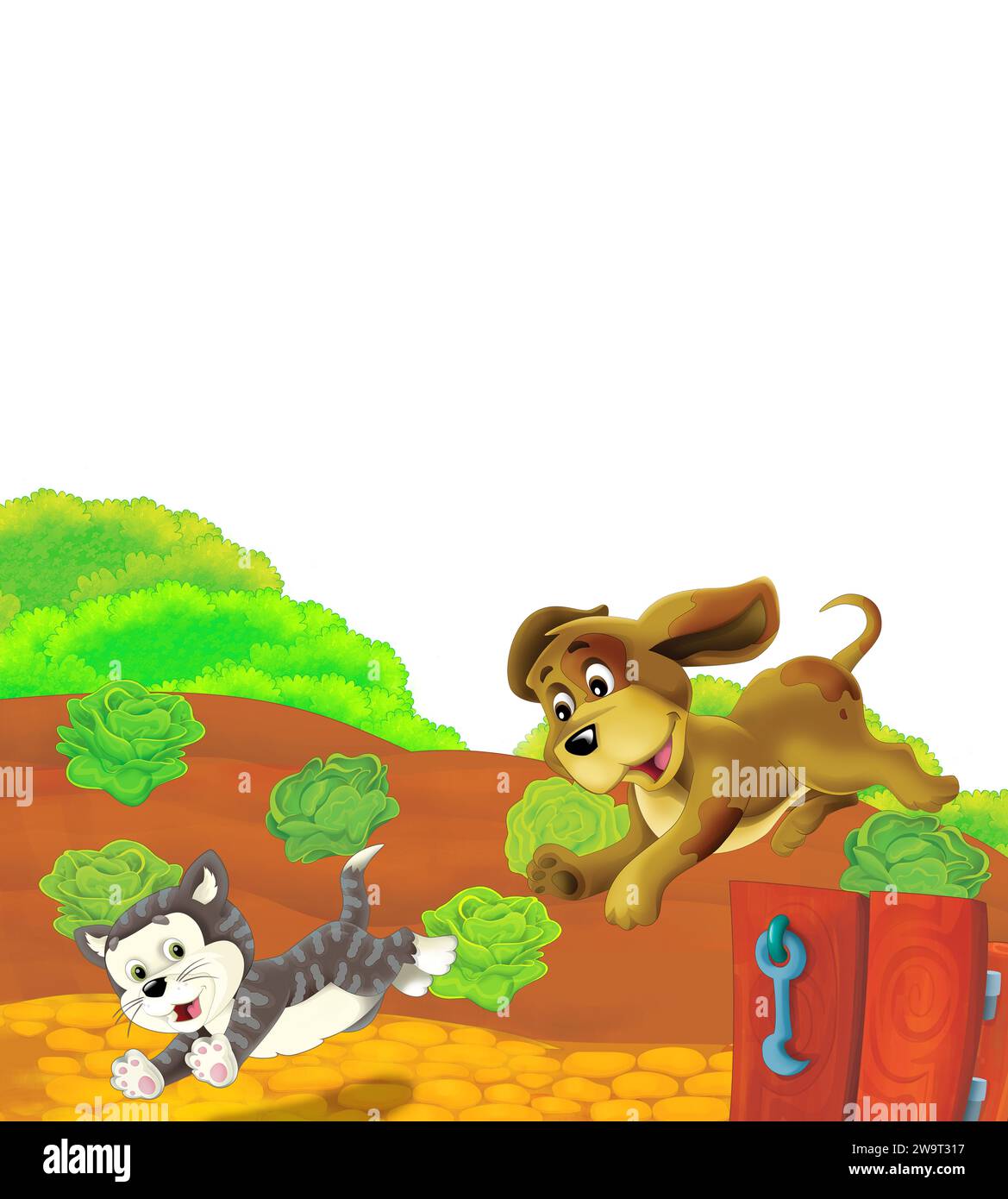 cartoon scene with dog on a farm having fun on white background ...