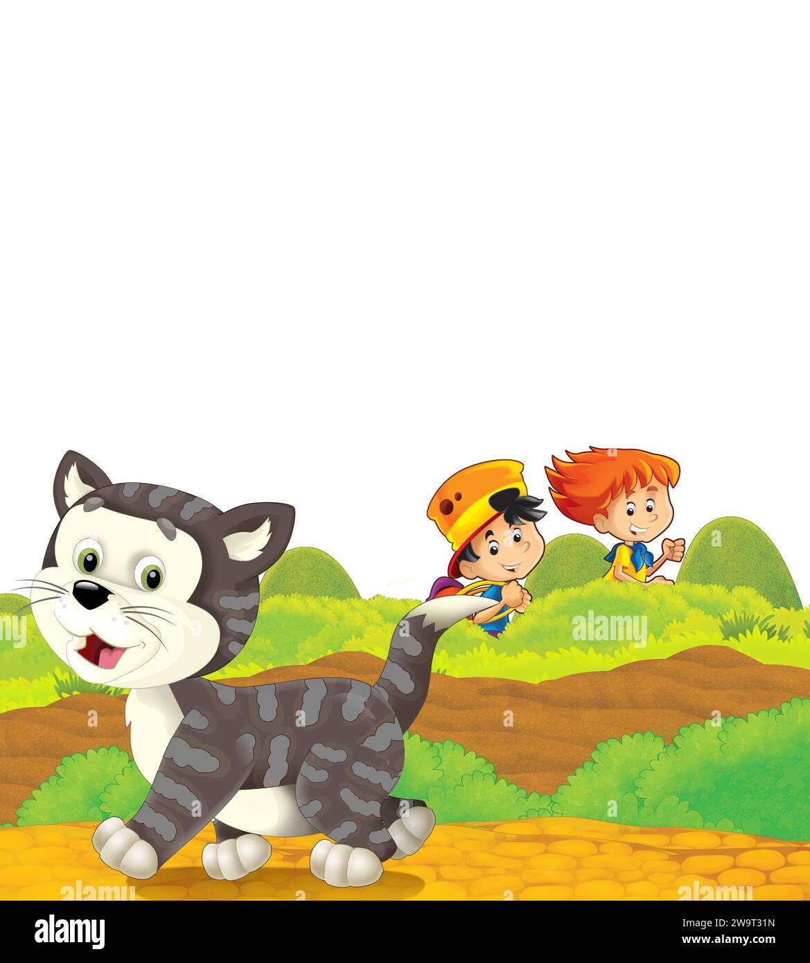 cartoon scene with cat having fun on the farm on white background ...