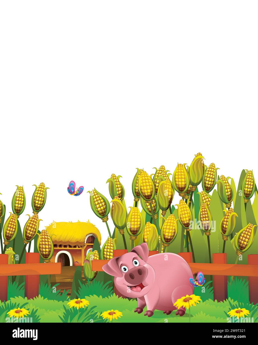 cartoon scene with pig on a farm ranch having fun on white background ...
