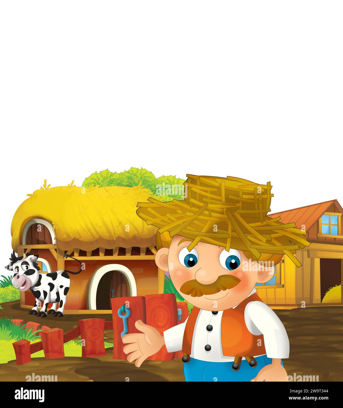 cartoon scene with happy man working on the farm standing and smiling ...