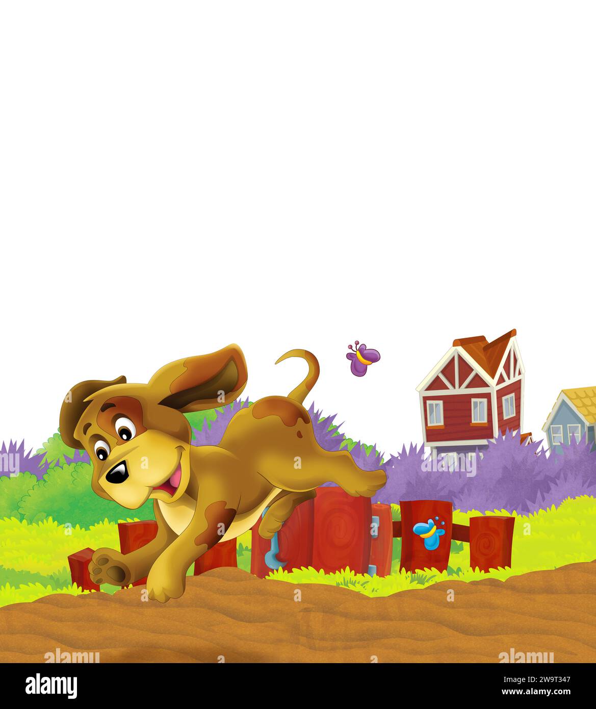 cartoon scene with dog on a farm having fun on white background ...