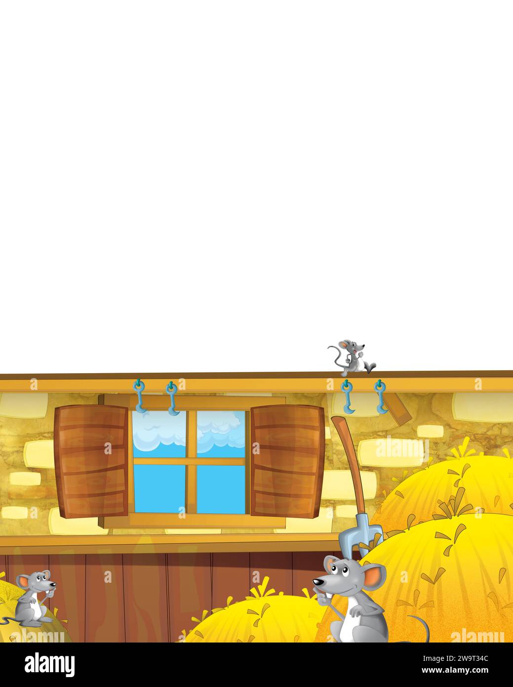 cartoon scene with mouse having fun on the farm on white background ...