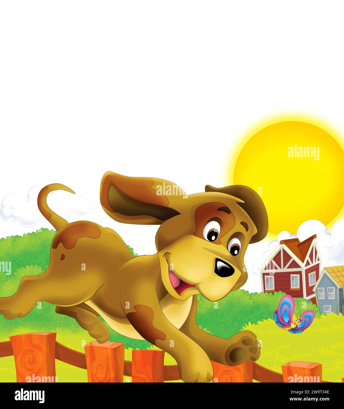 cartoon scene with dog on a farm having fun on white background ...