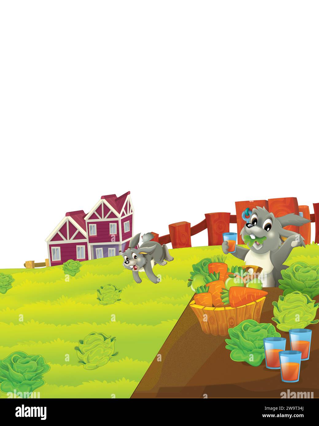 cartoon scene with rabbit on a farm having fun on white background ...