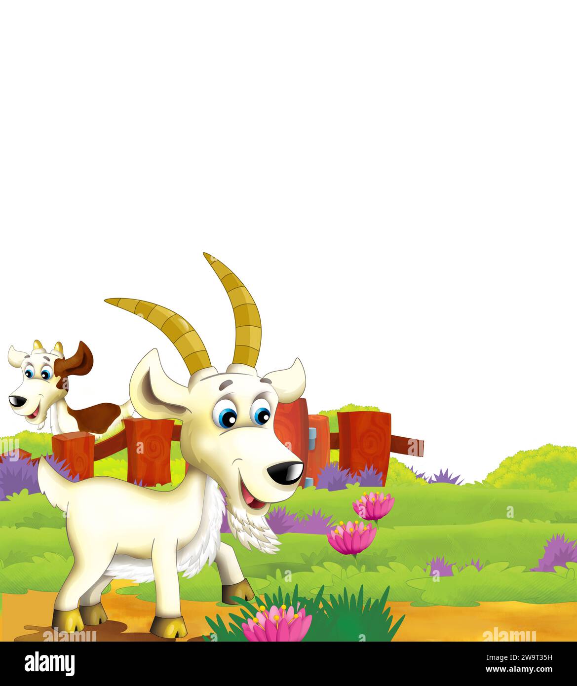 Cartoon farm scene with animal goat having fun on white background ...