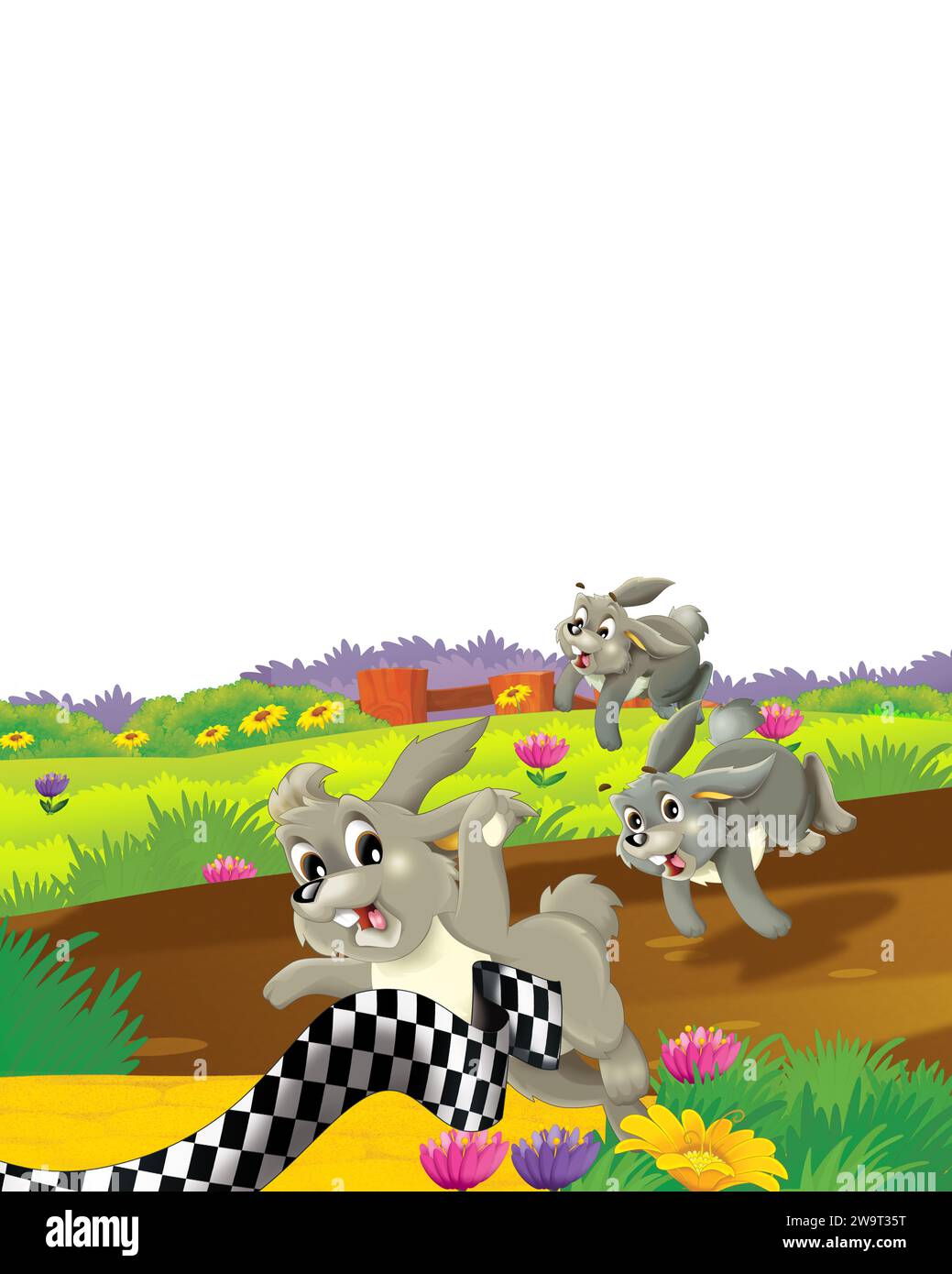 cartoon scene with rabbit on a farm having fun on white background ...