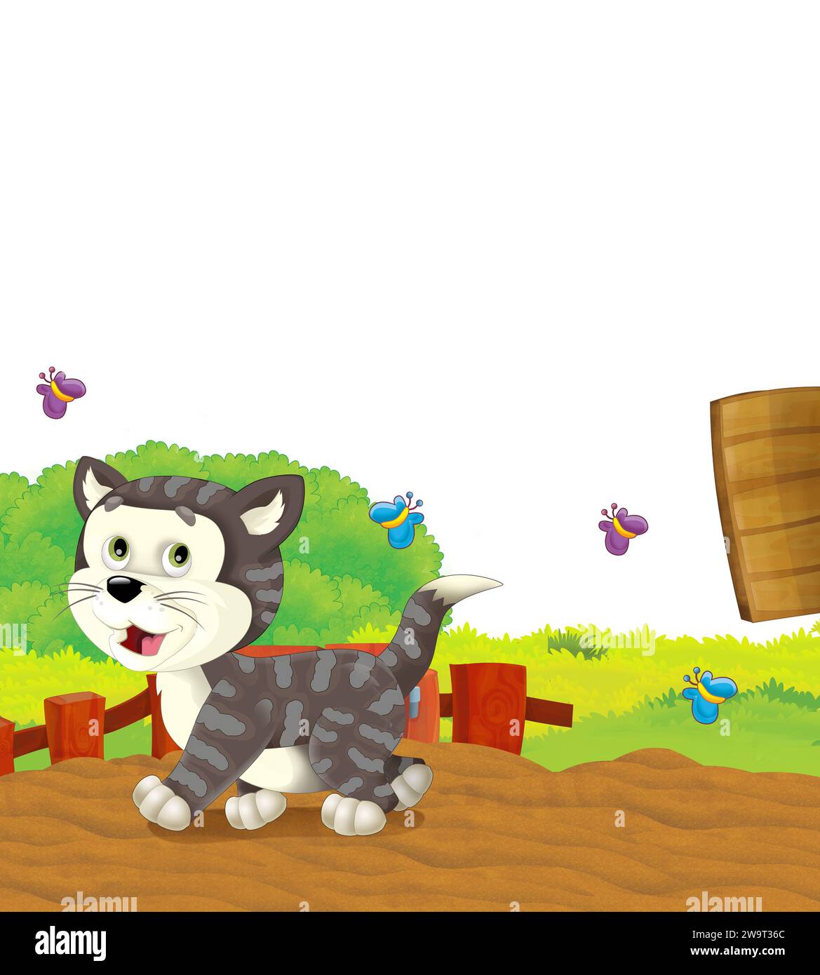 cartoon scene with cat having fun on the farm on white background ...
