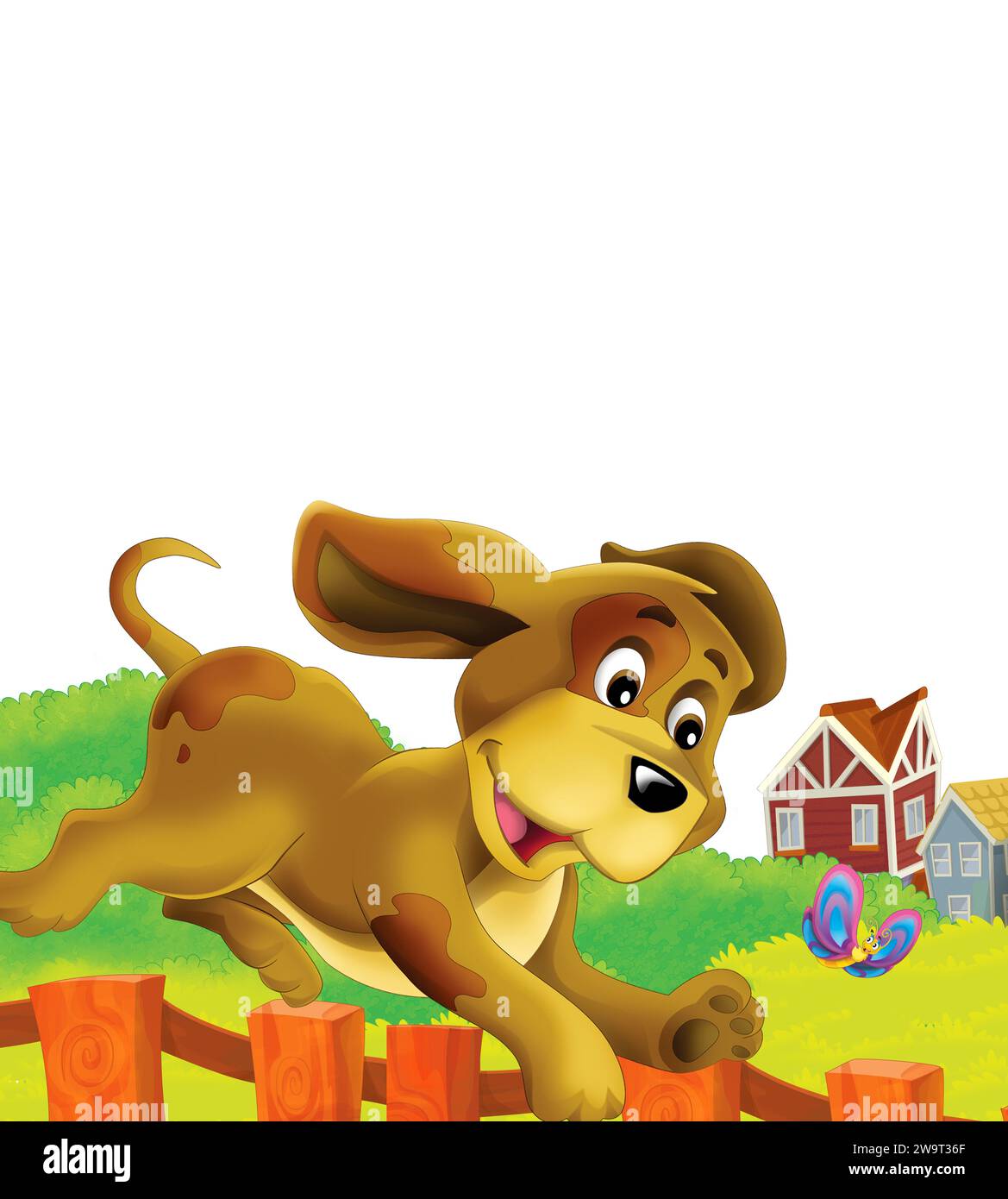 cartoon scene with dog on a farm having fun on white background ...