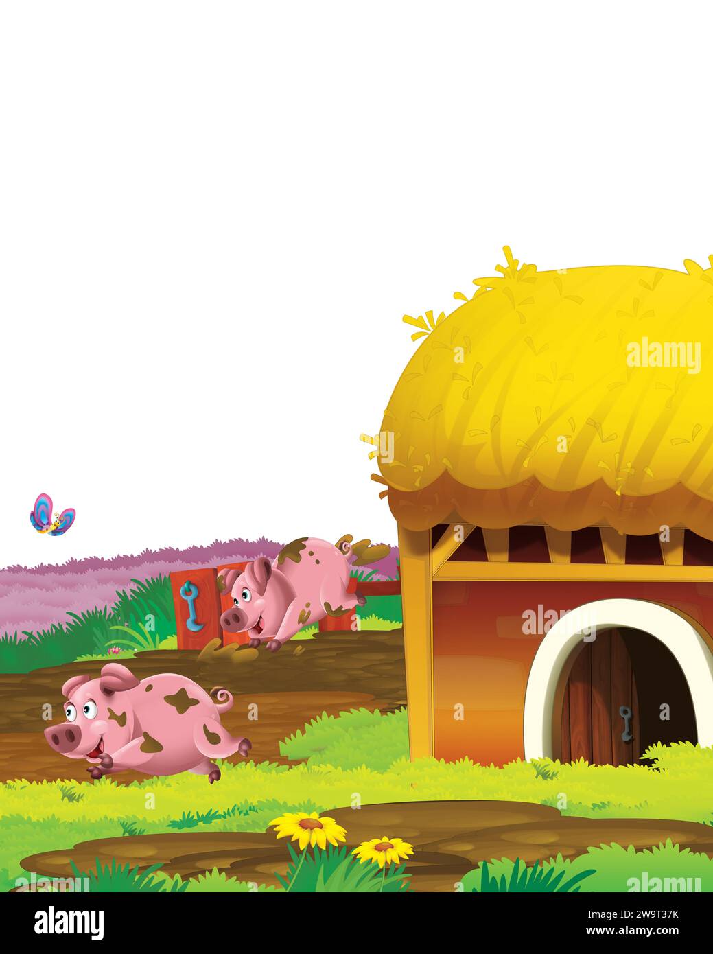 cartoon scene with pig on a farm ranch having fun on white background ...