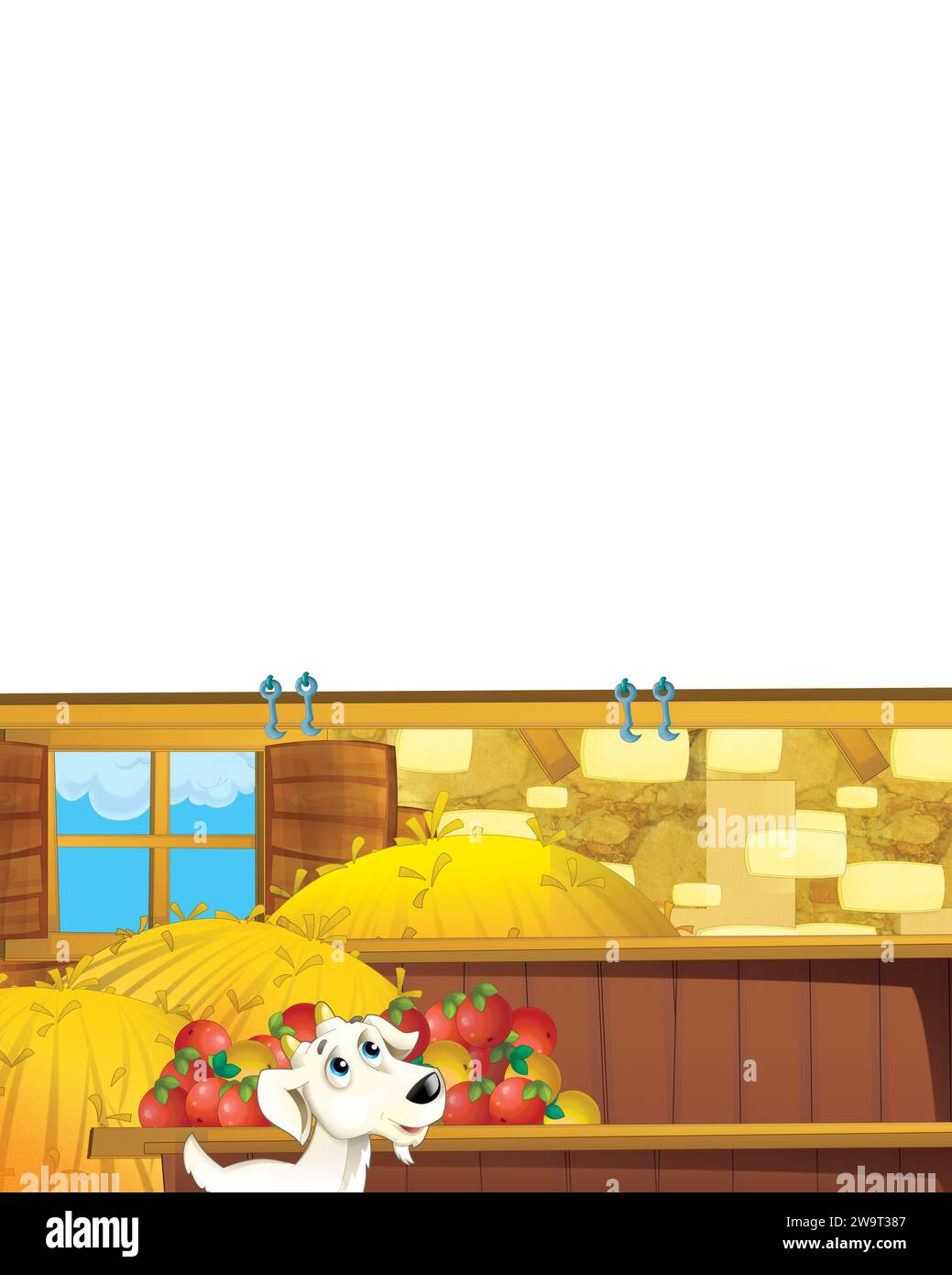 cartoon scene with barn inside on the farm on white background ...