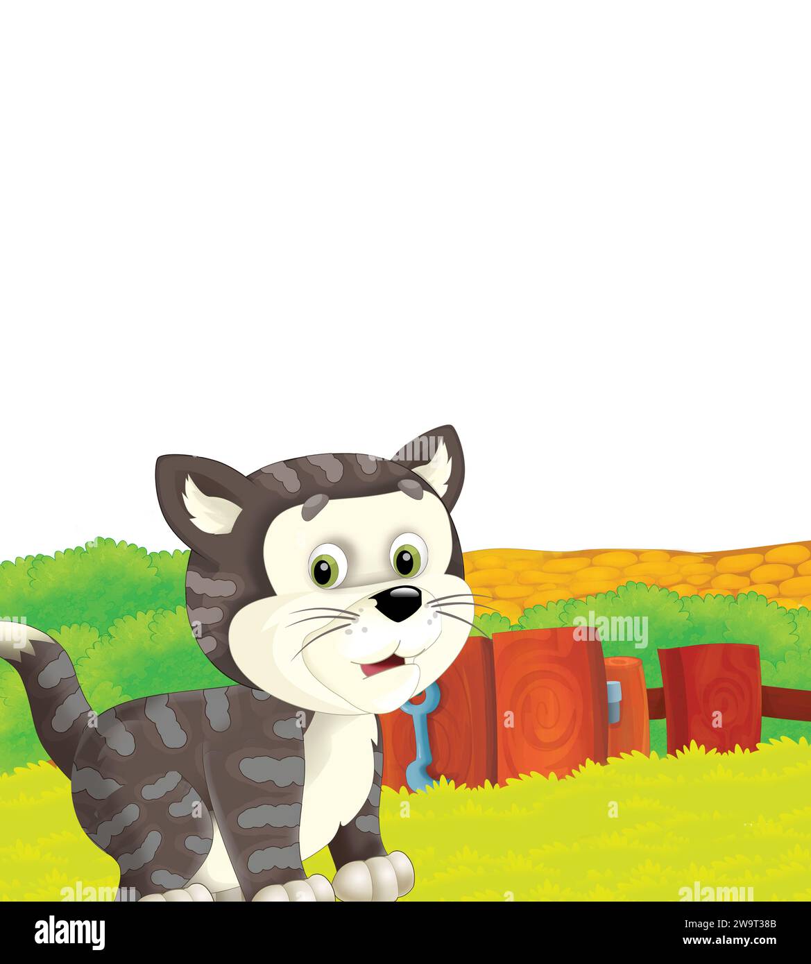 cartoon scene with cat having fun on the farm on white background ...