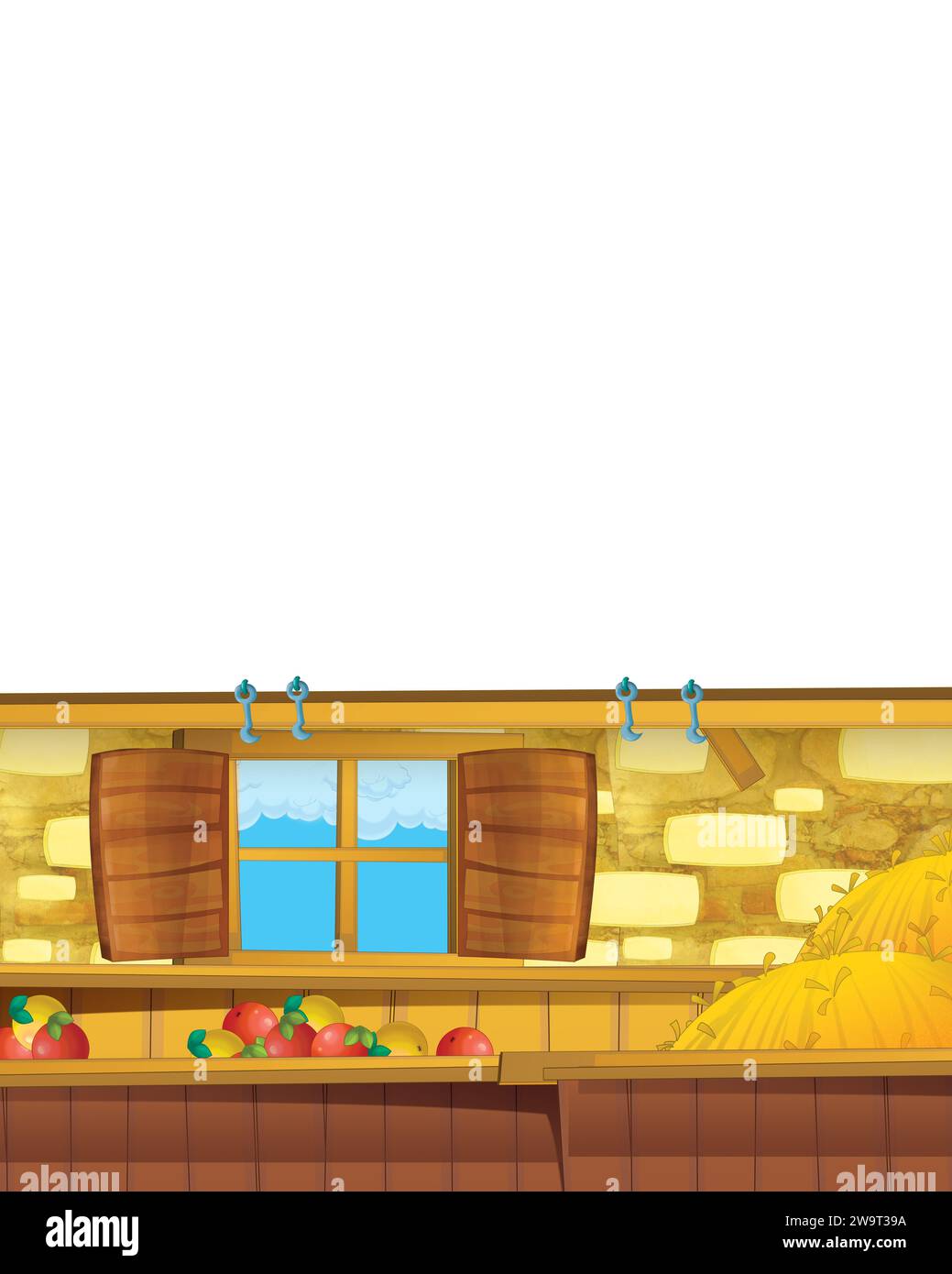 cartoon scene with barn inside on the farm on white background ...