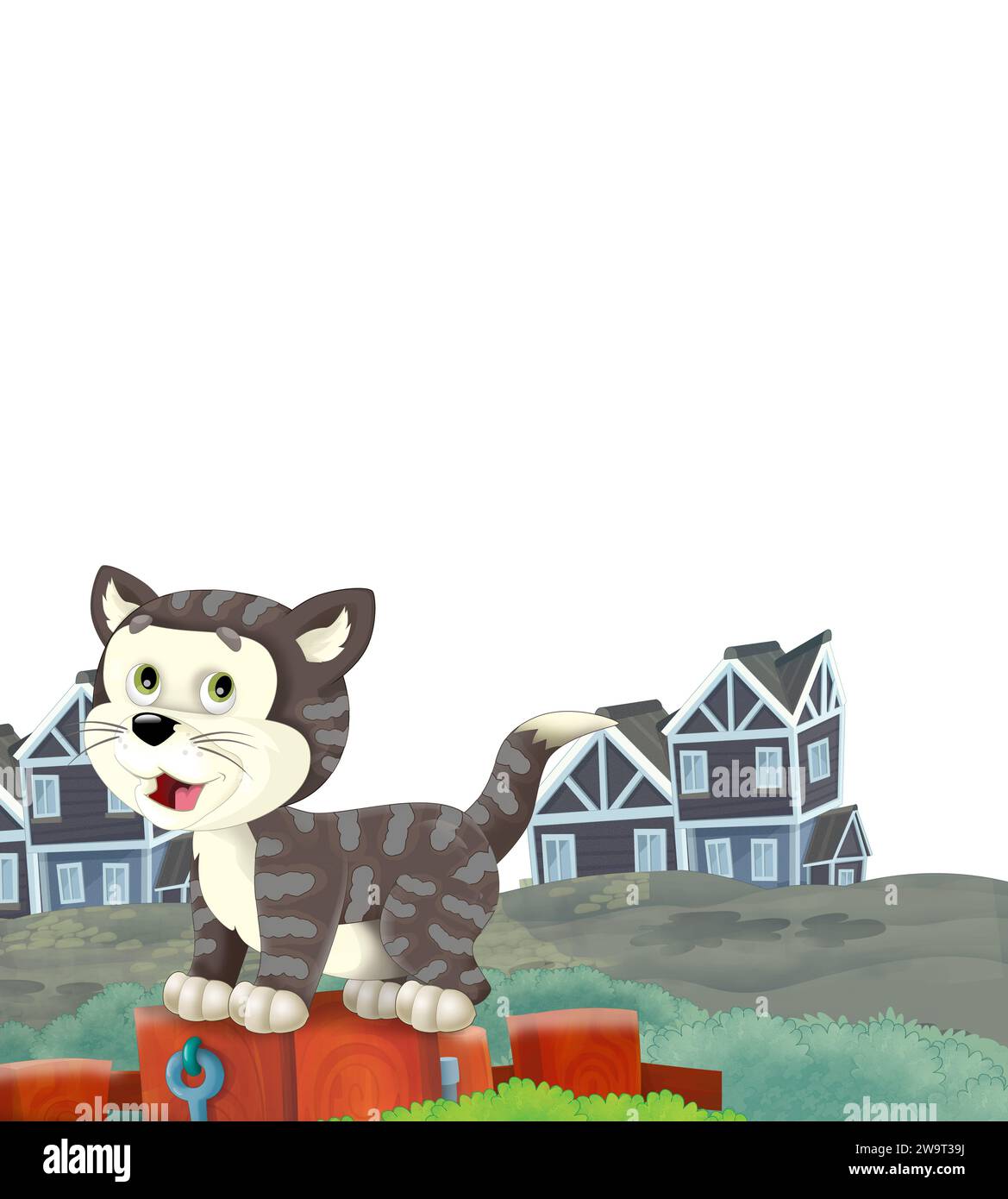 cartoon scene with cat having fun on the farm on white background ...