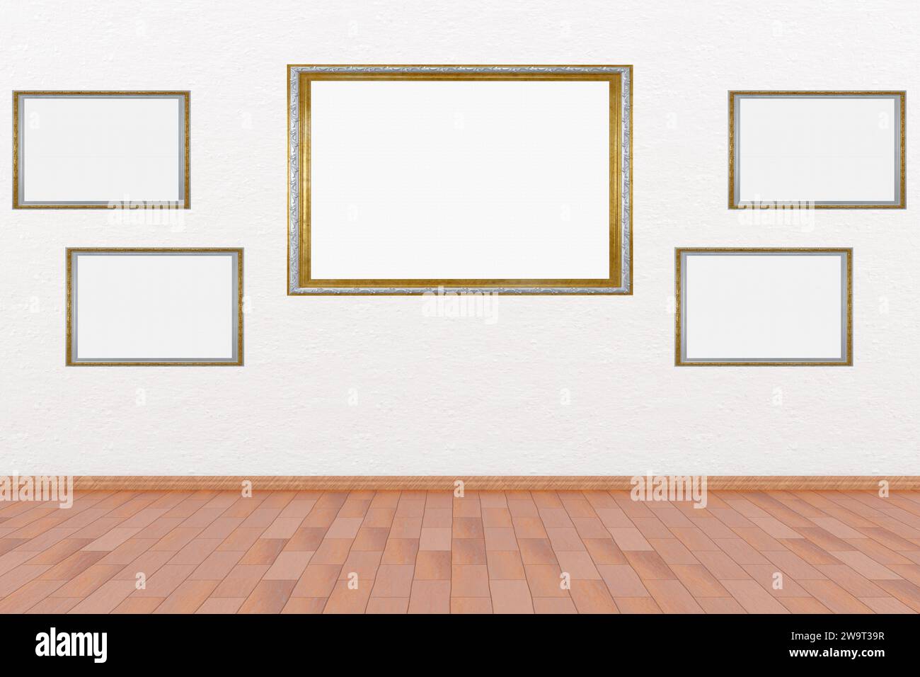 Frames, empty paintings on display on white wall. Five picture frames ...