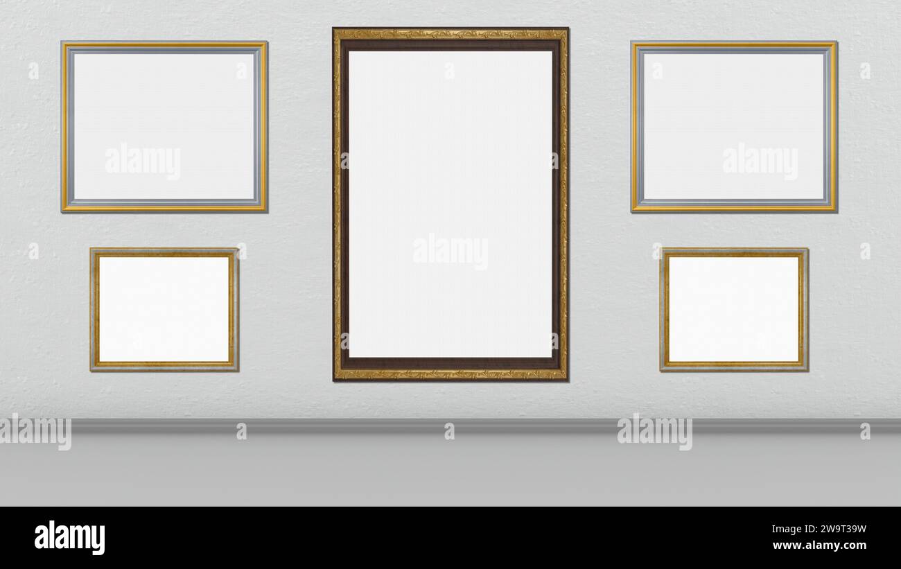 Frames, empty paintings on display on white wall. Five picture frames ...
