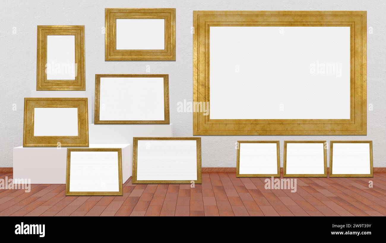 Frames, empty paintings on display on white wall. Ten frames with empty ...