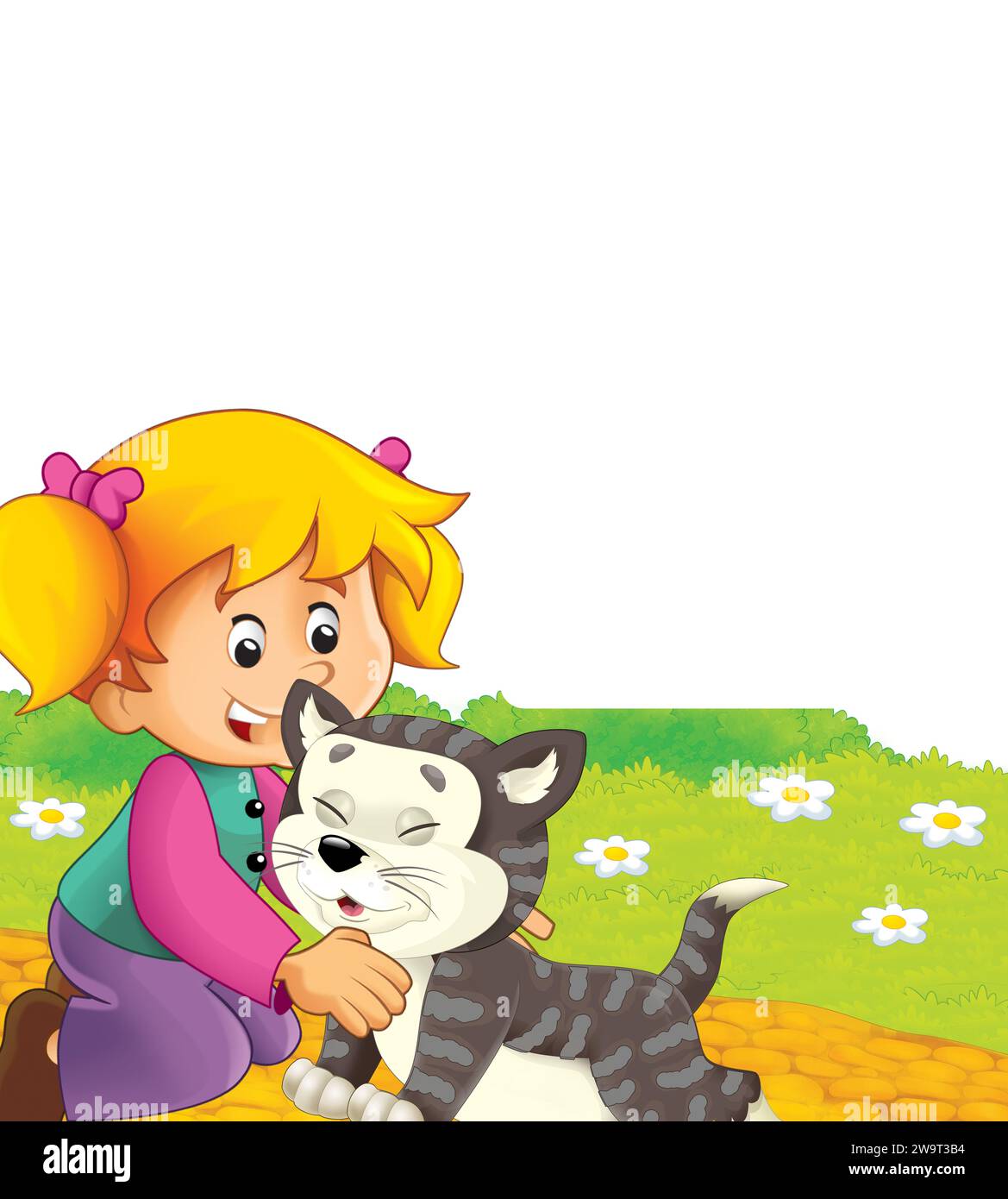cartoon scene with cat having fun on the farm on white background ...