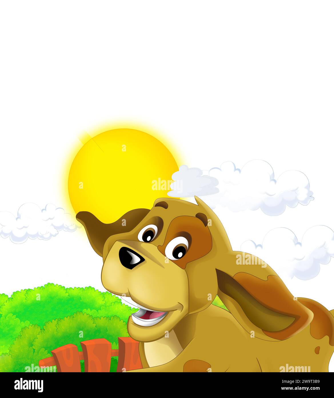 cartoon scene with dog on a farm having fun on white background ...