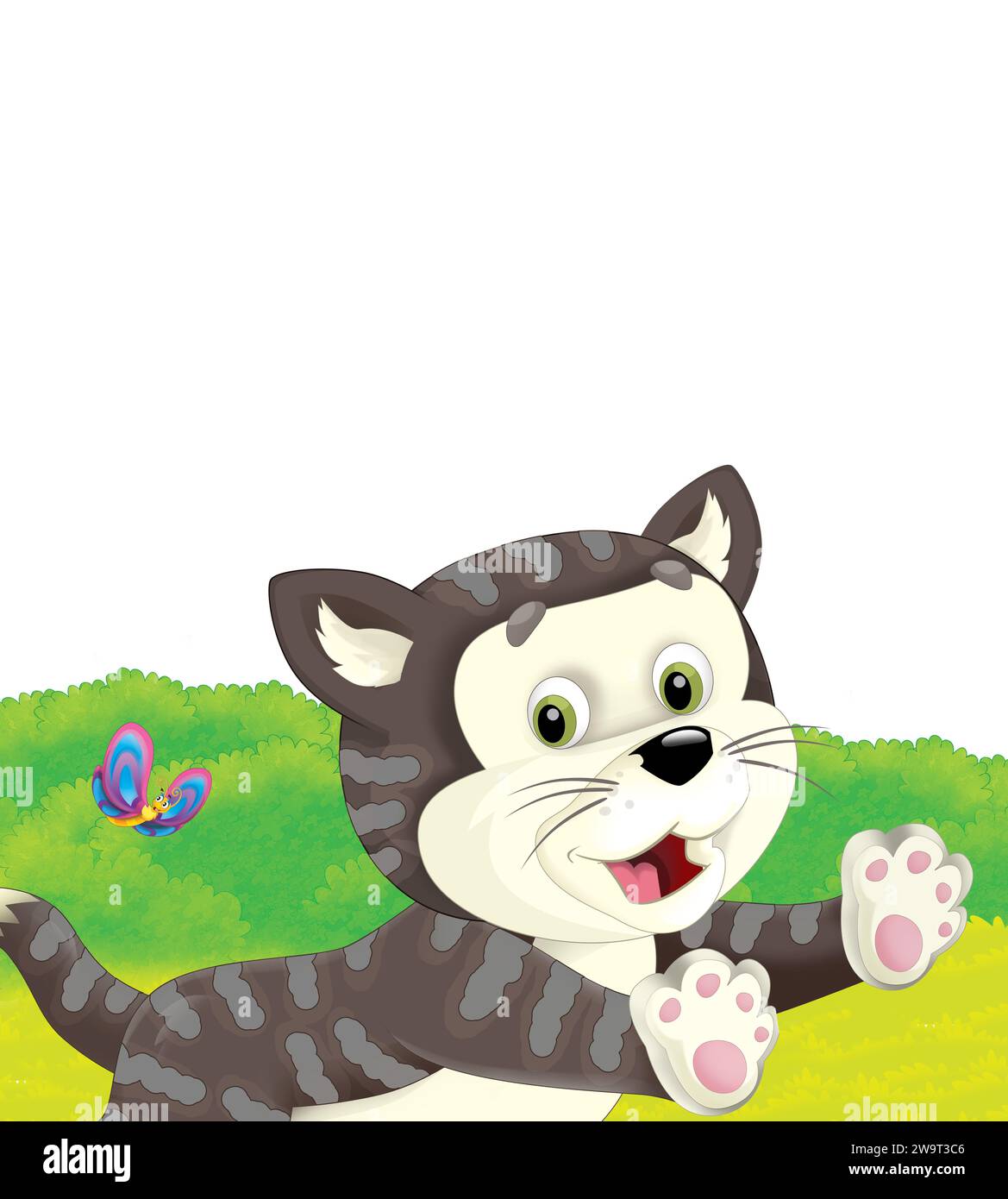 cartoon scene with cat having fun on the farm on white background ...