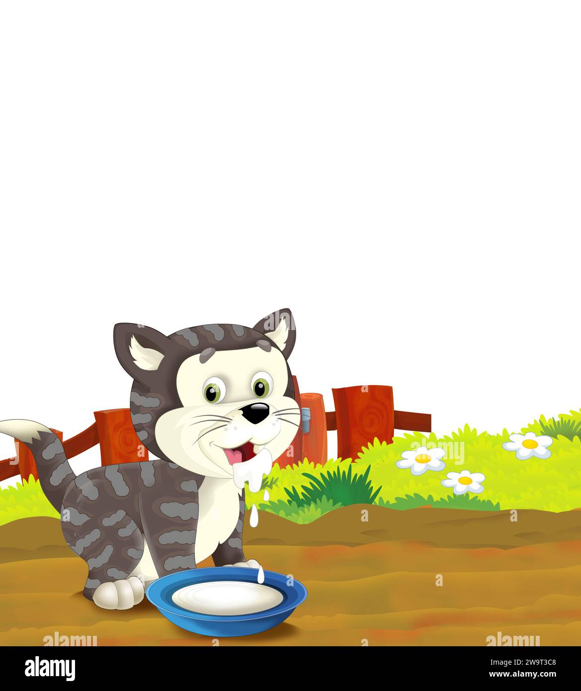 cartoon scene with cat having fun on the farm on white background ...
