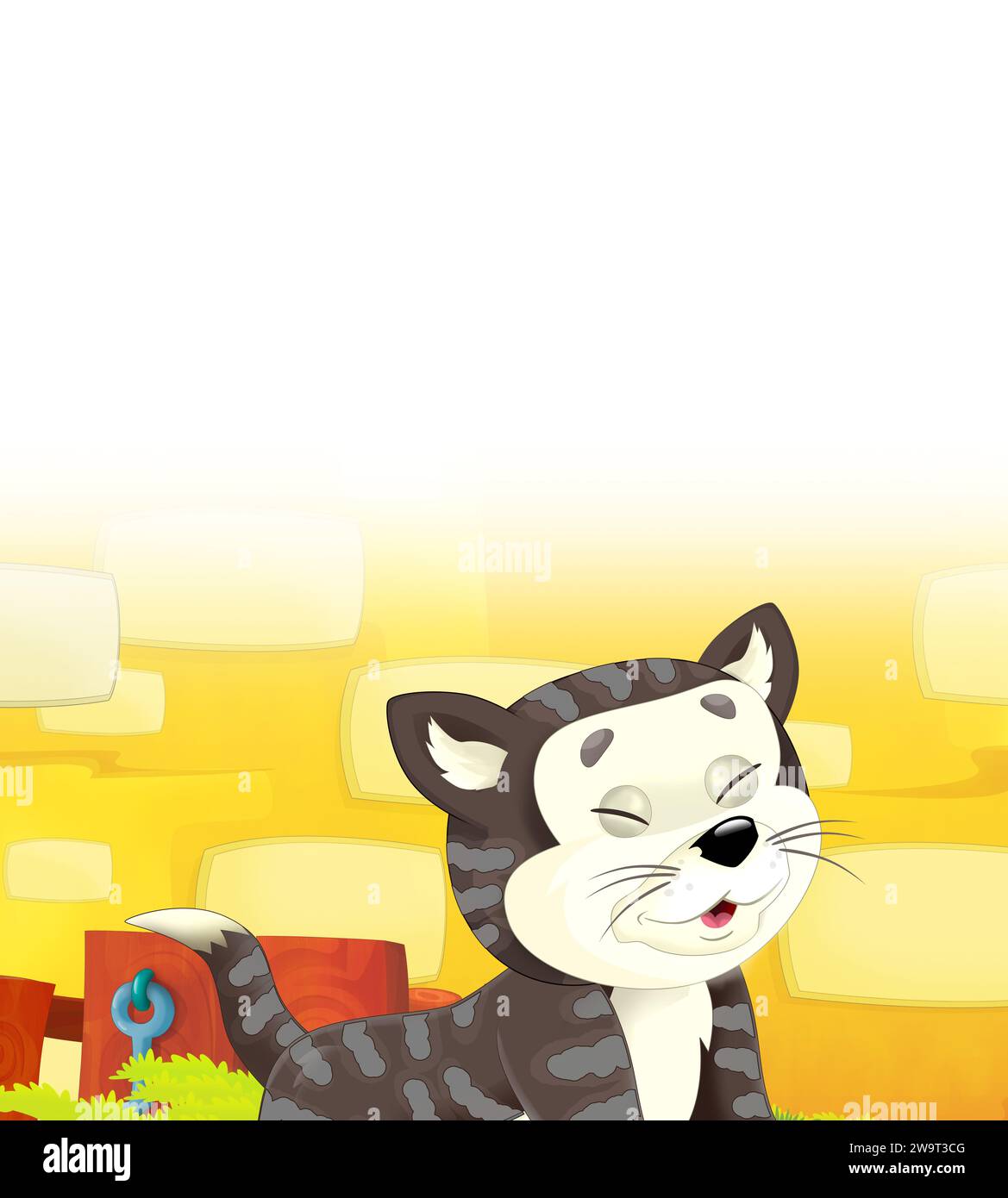 cartoon scene with cat having fun on the farm on white background ...