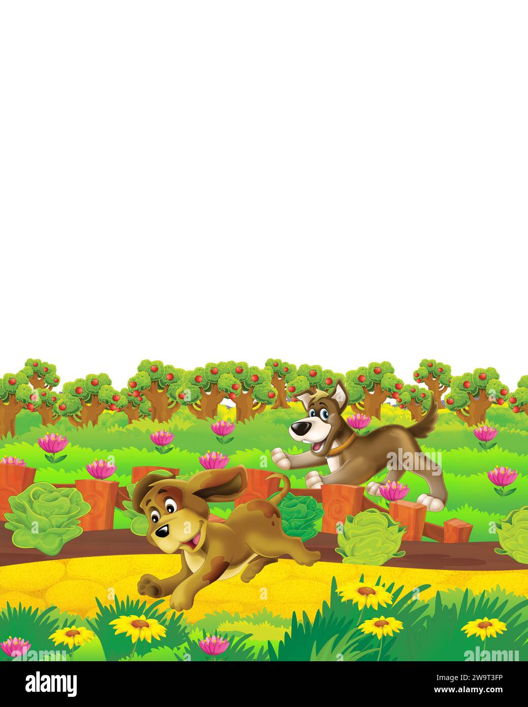 cartoon scene with dog having fun on the farm on white background ...