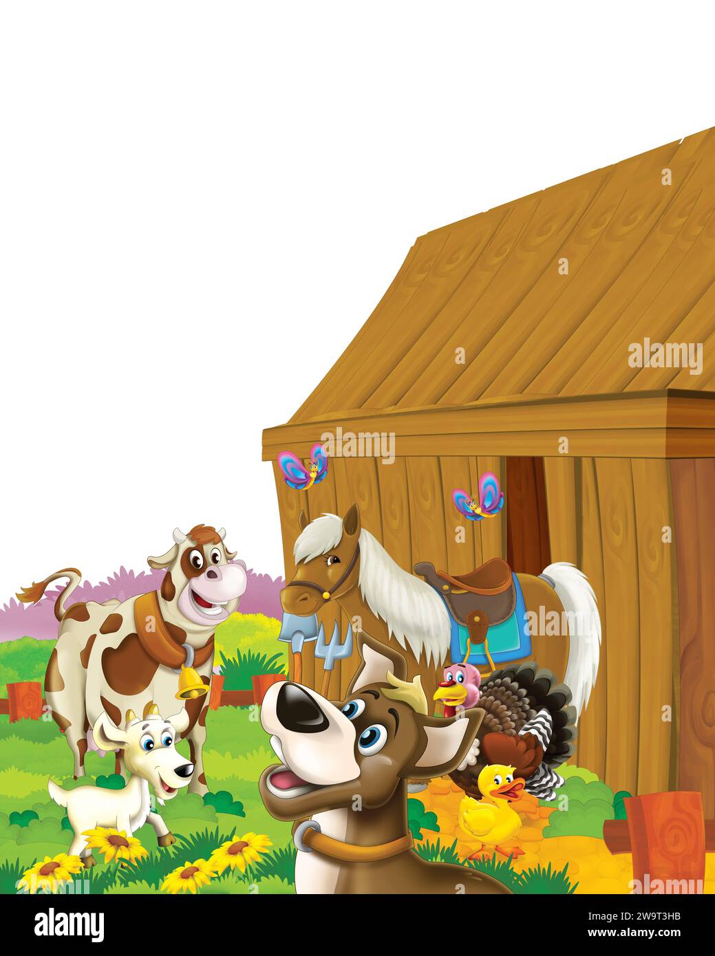 cartoon scene with dog having fun on the farm on white background ...