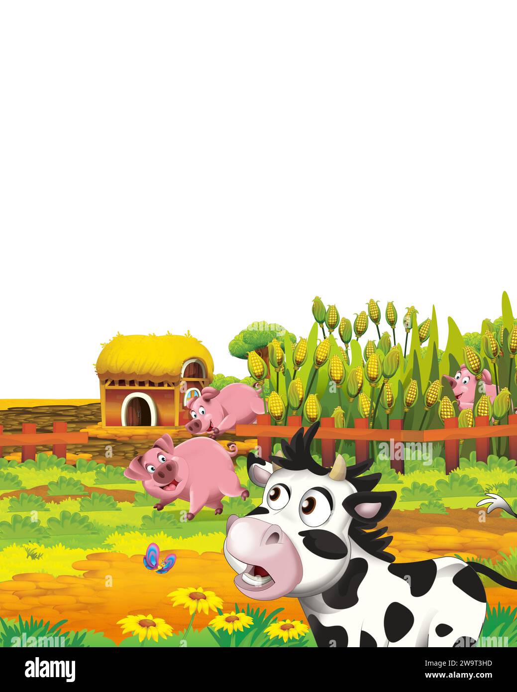 cartoon scene with pig and cow on a farm having fun on white background ...