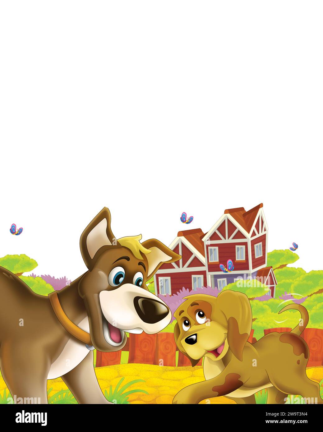 cartoon scene with dog having fun on the farm on white background ...