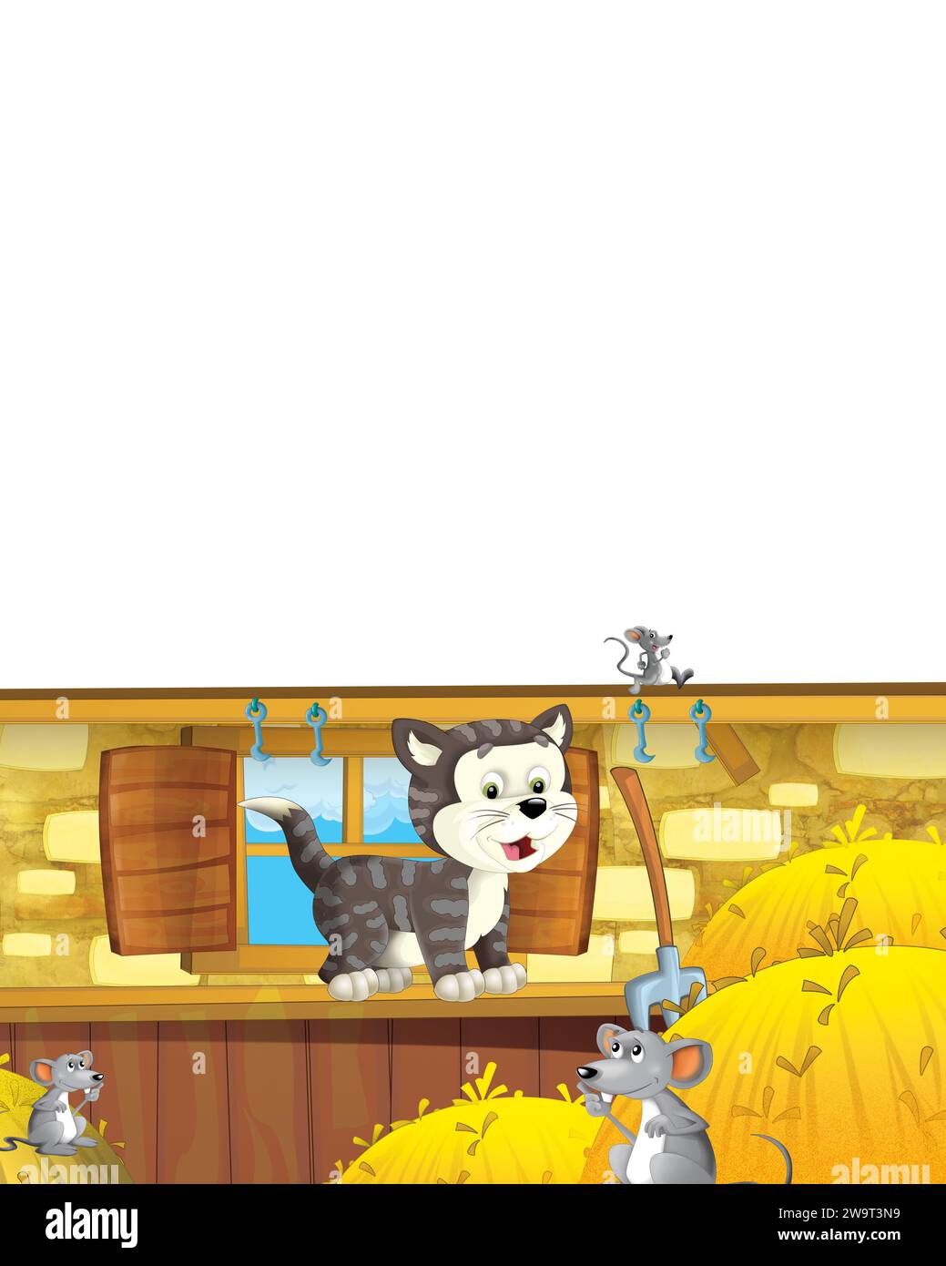 cartoon scene with cat having fun on the farm on white background ...