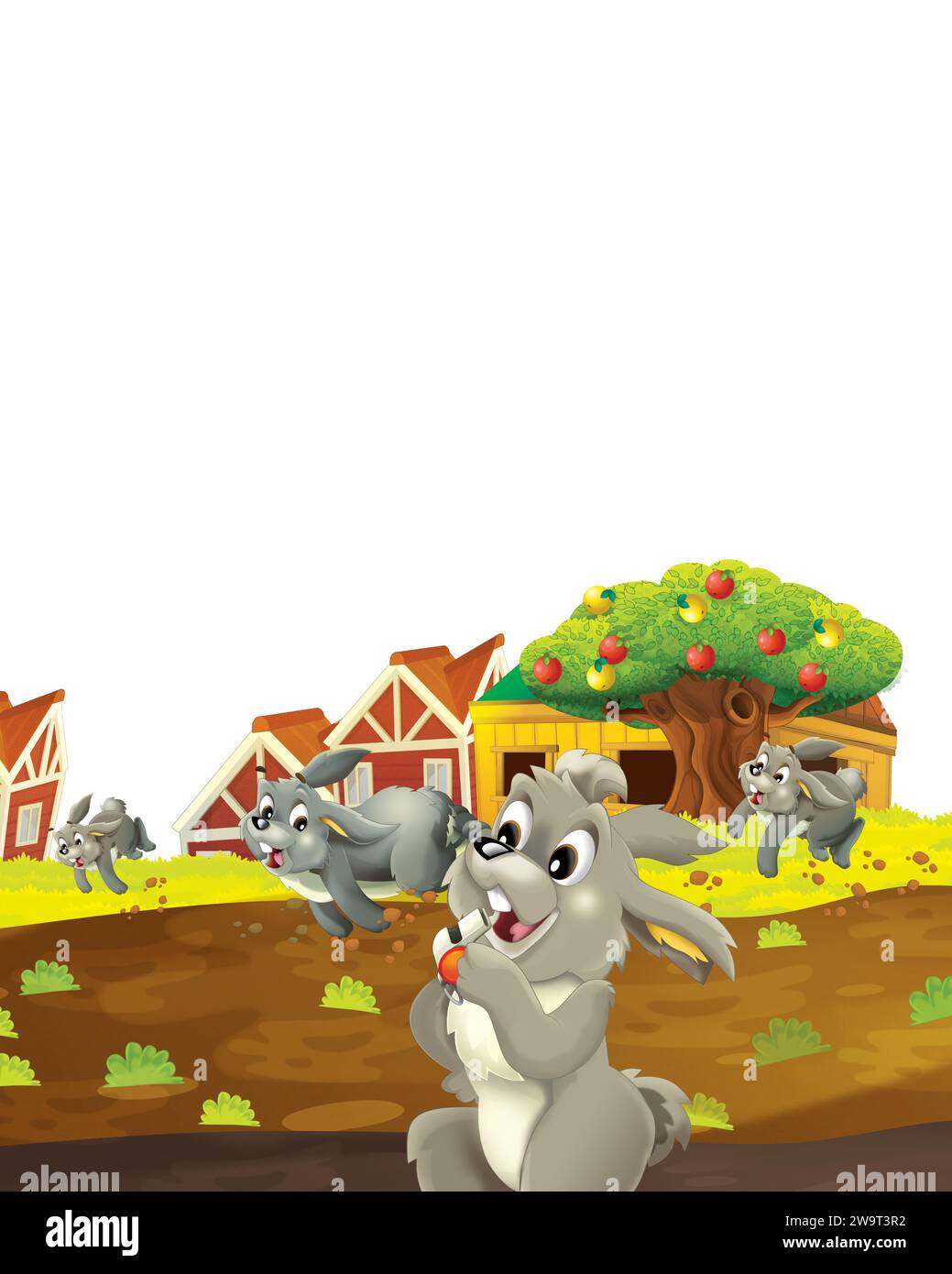 cartoon scene with rabbit on a farm having fun on white background ...