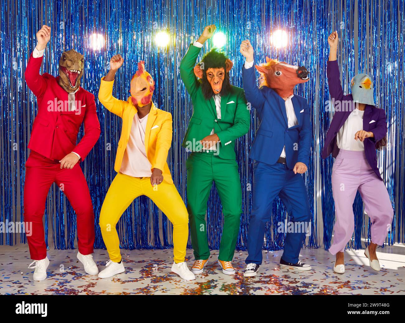 Funny people with heads of animals together doing same dance move in ...