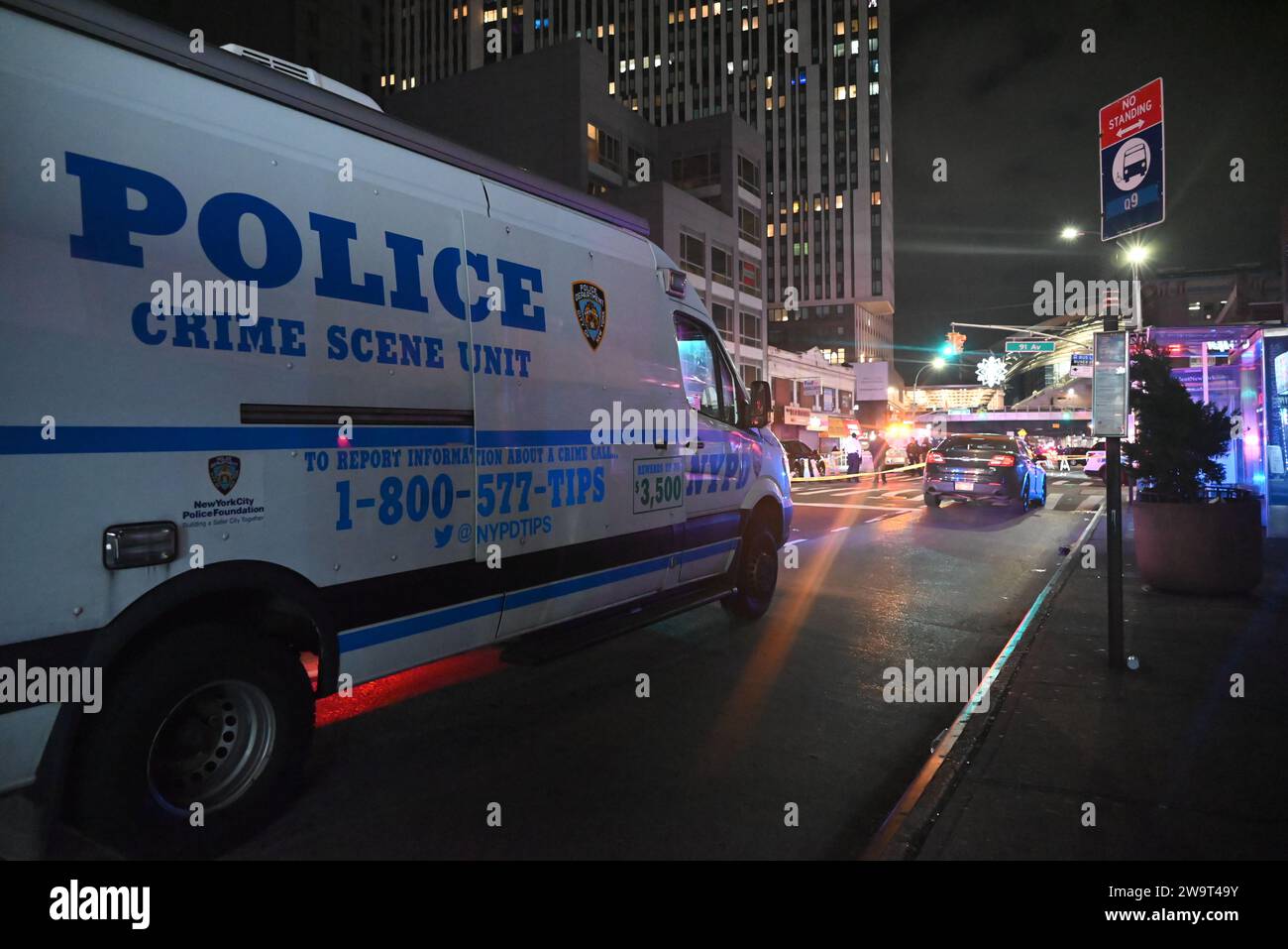 Jamaica, Queens, United States. 30th Dec, 2023. A crime scene vehicle ...
