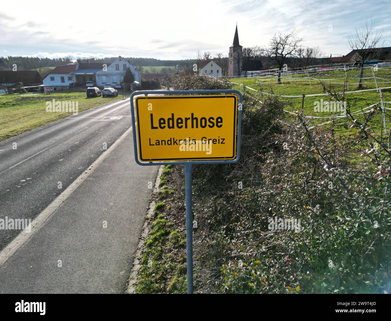 Lederhose, Germany. 28th Dec, 2023. The town entrance sign for ...
