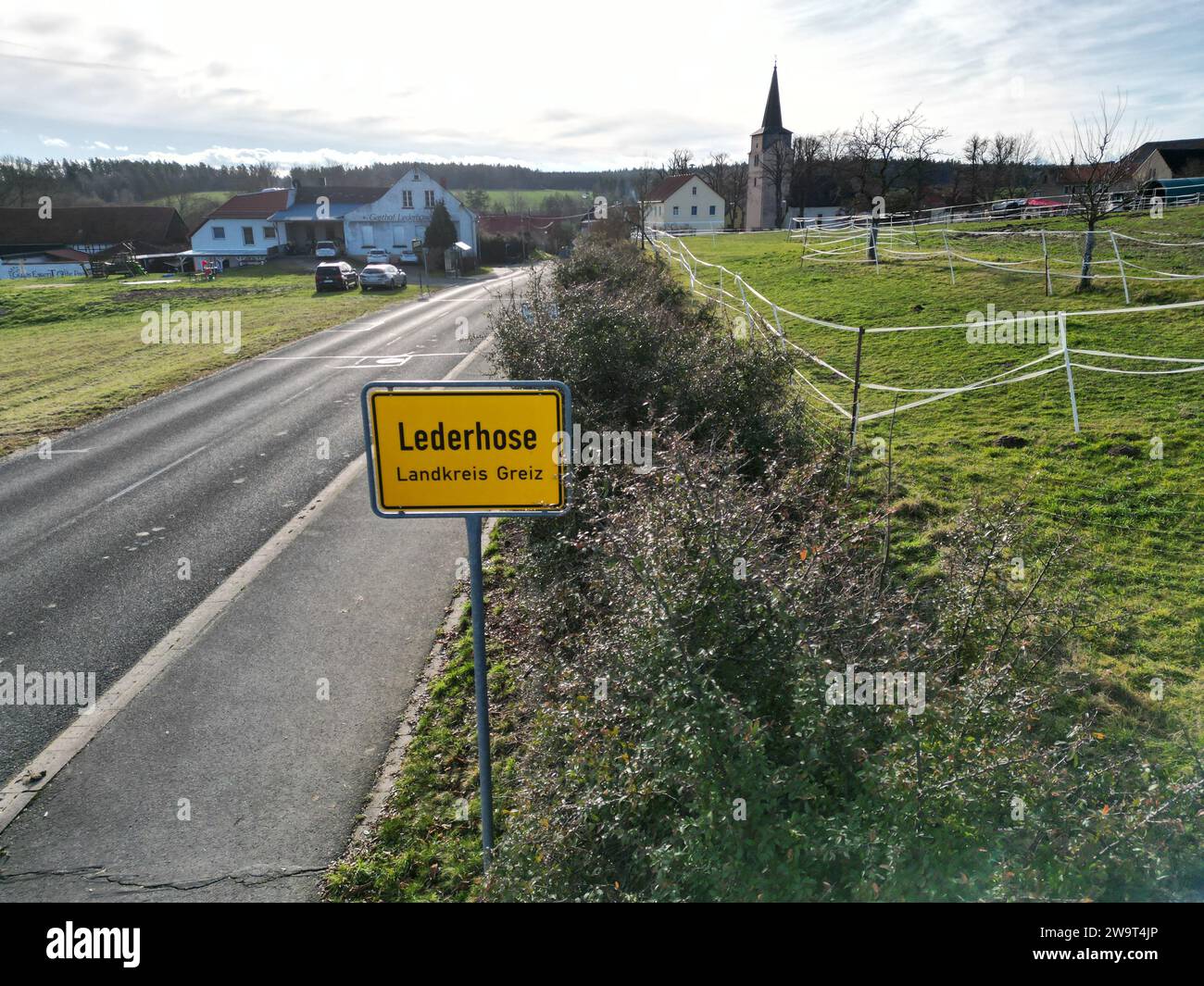 Lederhose, Germany. 28th Dec, 2023. The town entrance sign for ...