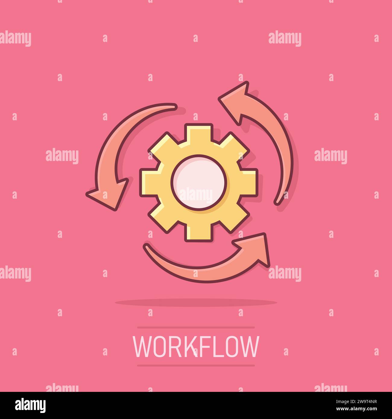 Workflow process icon in comic style. Gear cog wheel with arrows vector ...
