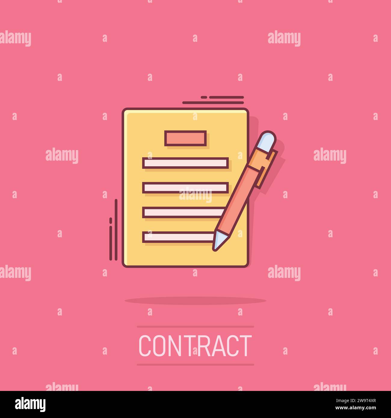 Contract agreement icon in comic style. Document sheet with pen vector ...