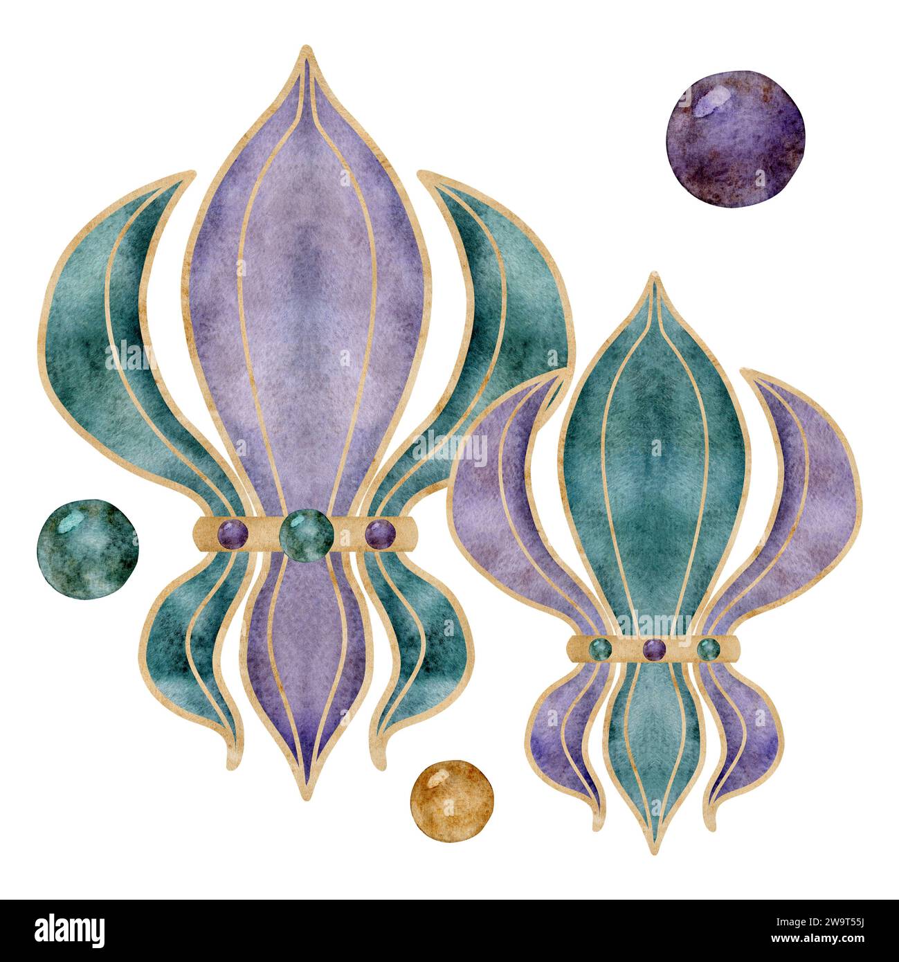 Hand drawn watercolor Mardi Gras carnival symbols. Fleur de lis French ...