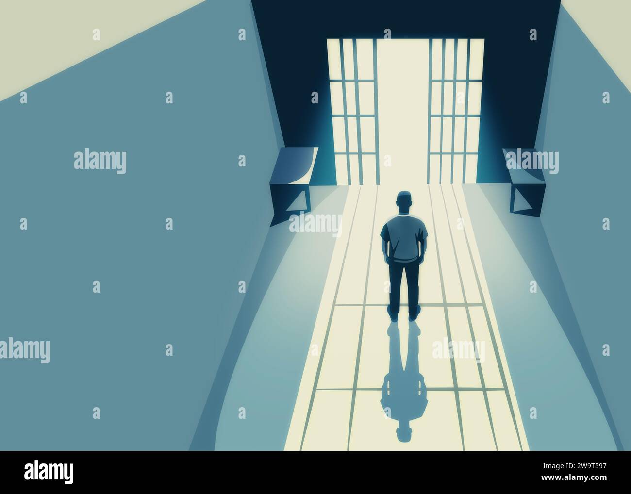 break comfort zone concept, top view, man standing alone in a cage ...