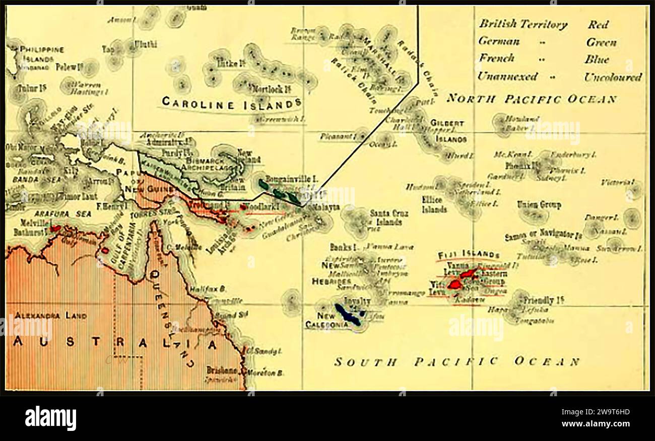 Map of the South Seas 1886 showing British, German, French and ...