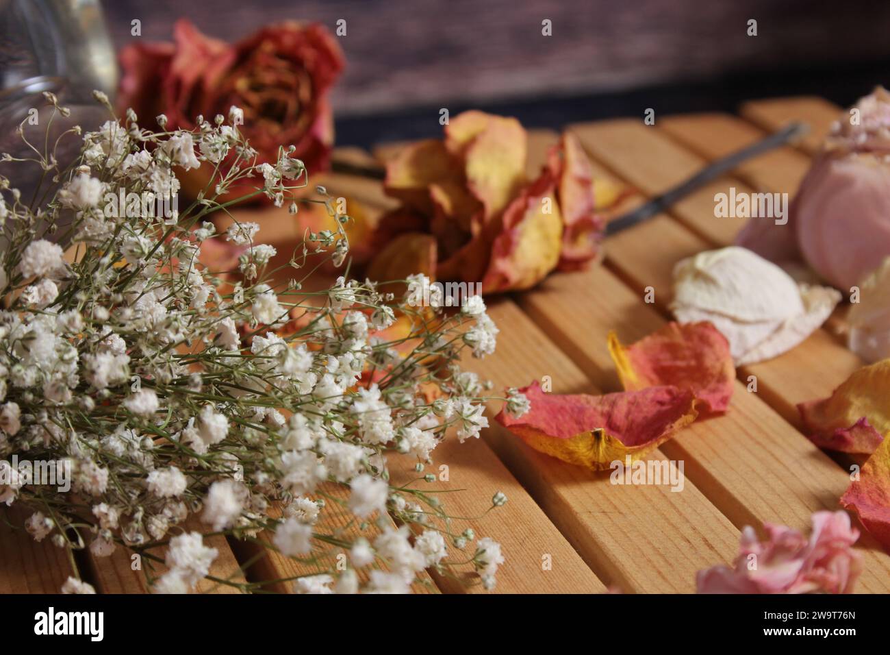 Old Flowers Drying on Wooden Table. Zinnia With Roses and Carnations ...