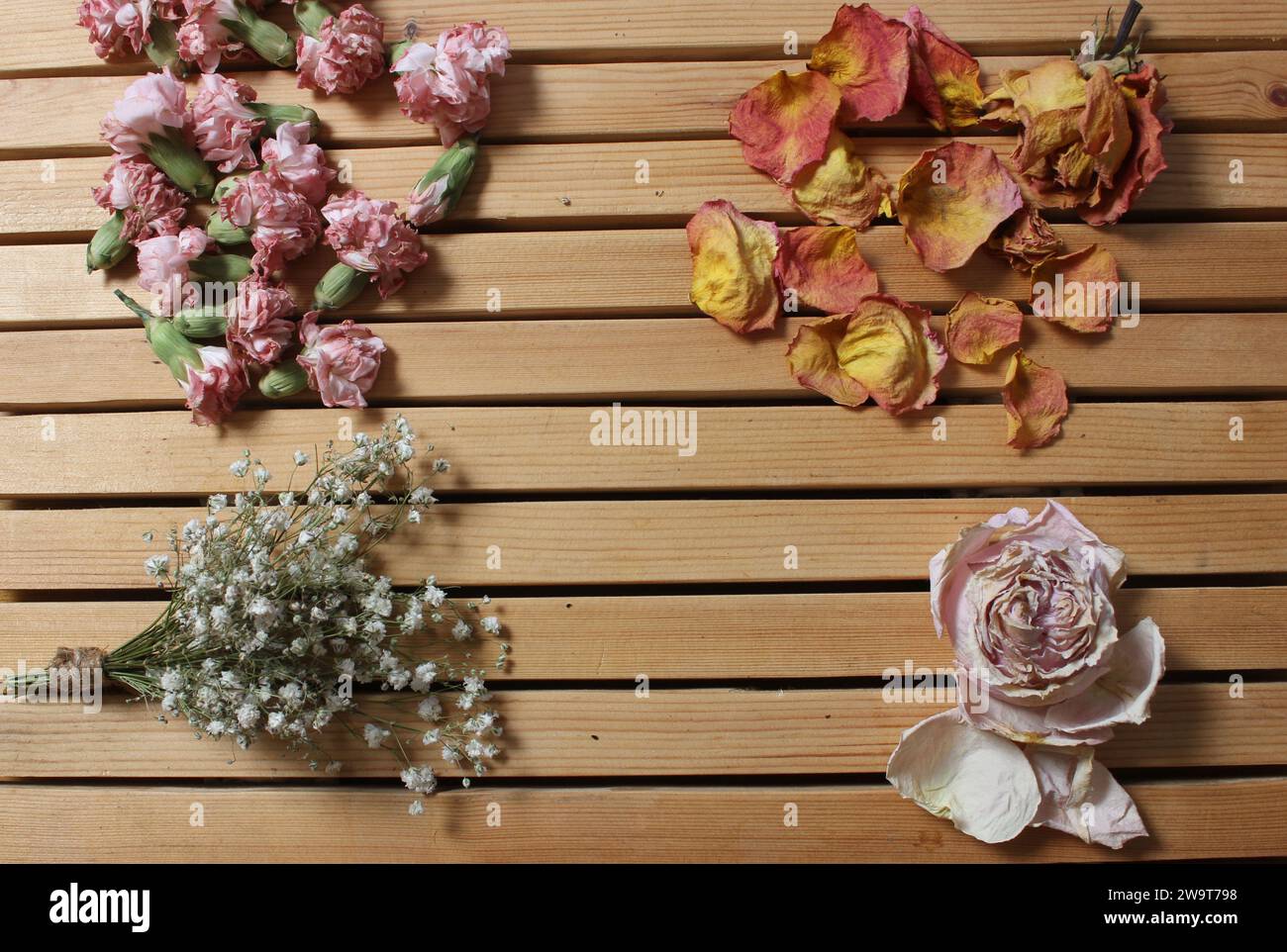 Old Flowers Drying on Wooden Table. Zinnias With Roses and Carnations ...
