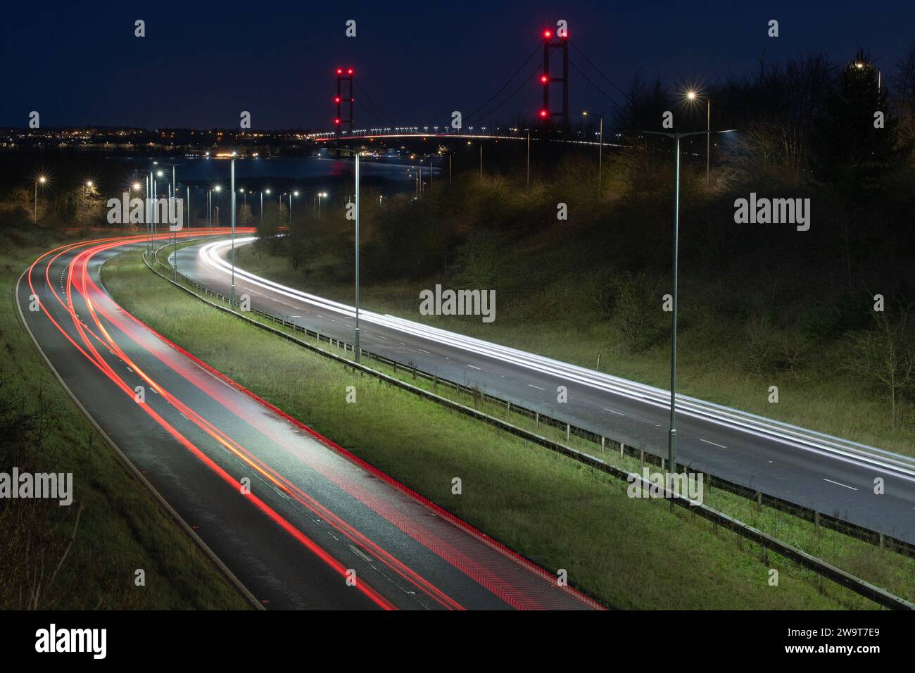 Light trails at night along the A15 towards the Humber Bridge ...