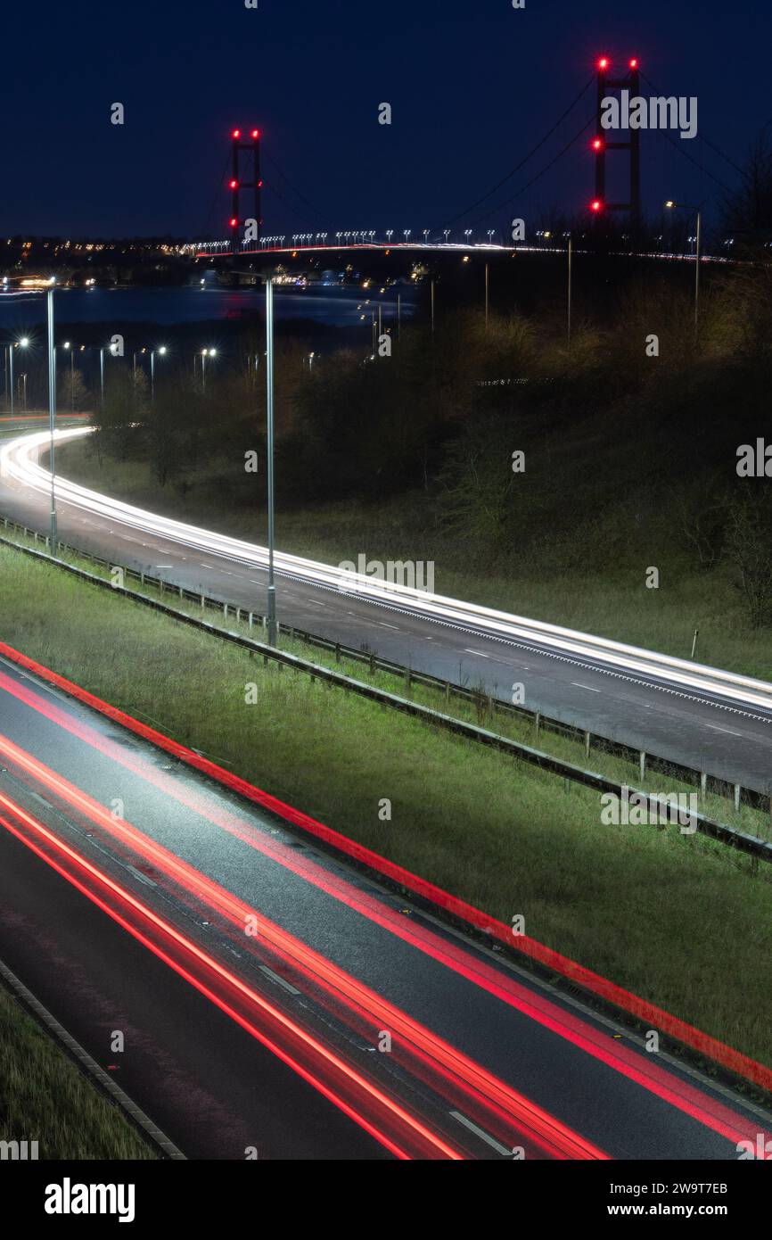Light trails at night along the A15 towards the Humber Bridge ...