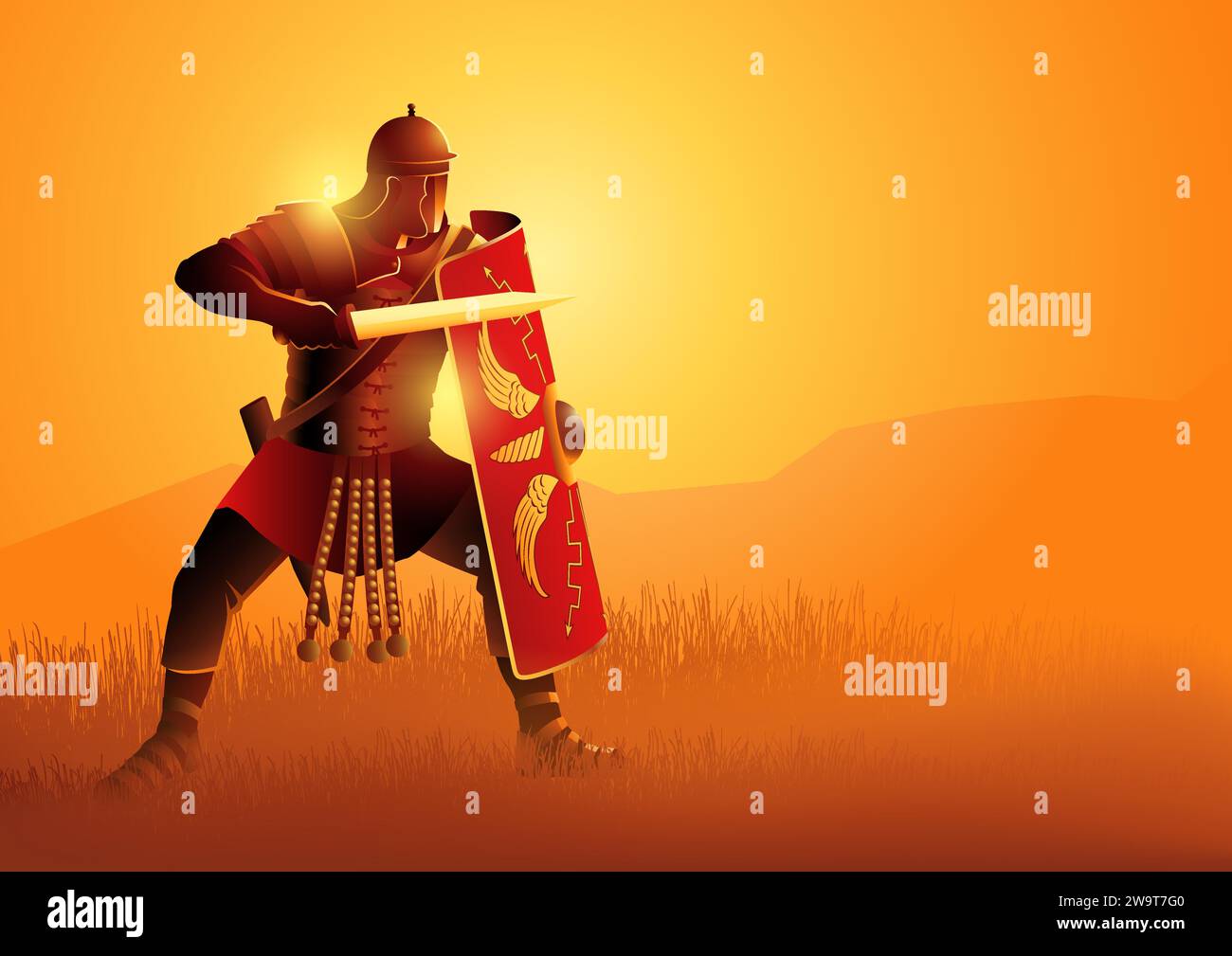 Vector illustration of ancient Rome legionnaire in a position ready to ...