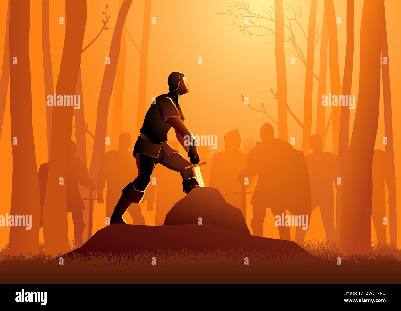 Vector illustration of the young king Arthur pulls the excalibur Stock ...